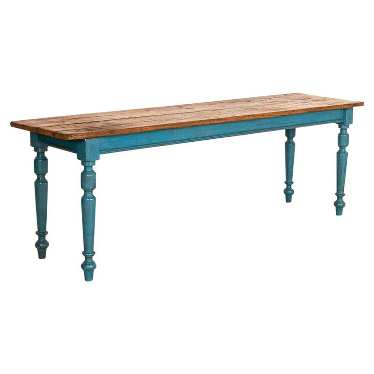 Antique Long Original Blue Painted Farm Table Dining Table at 1stDibs