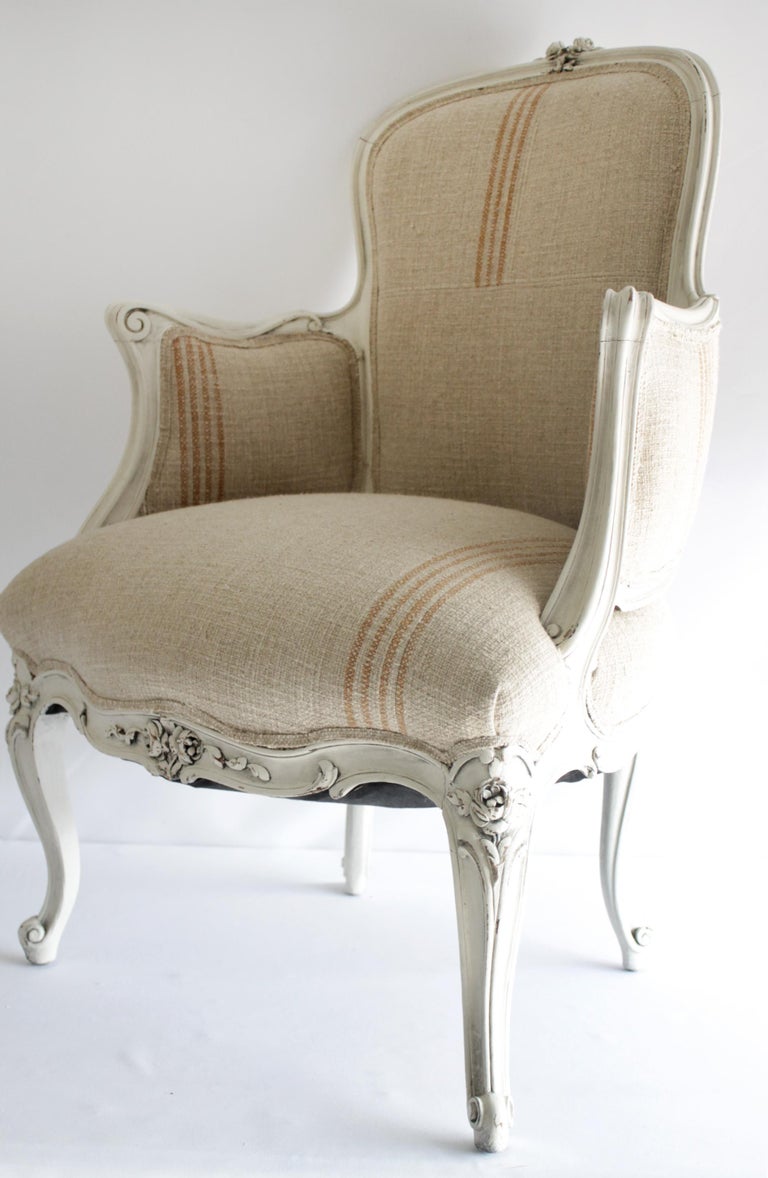 Antique Louis XV Style Painted French Bergère Chair with Linen ...
