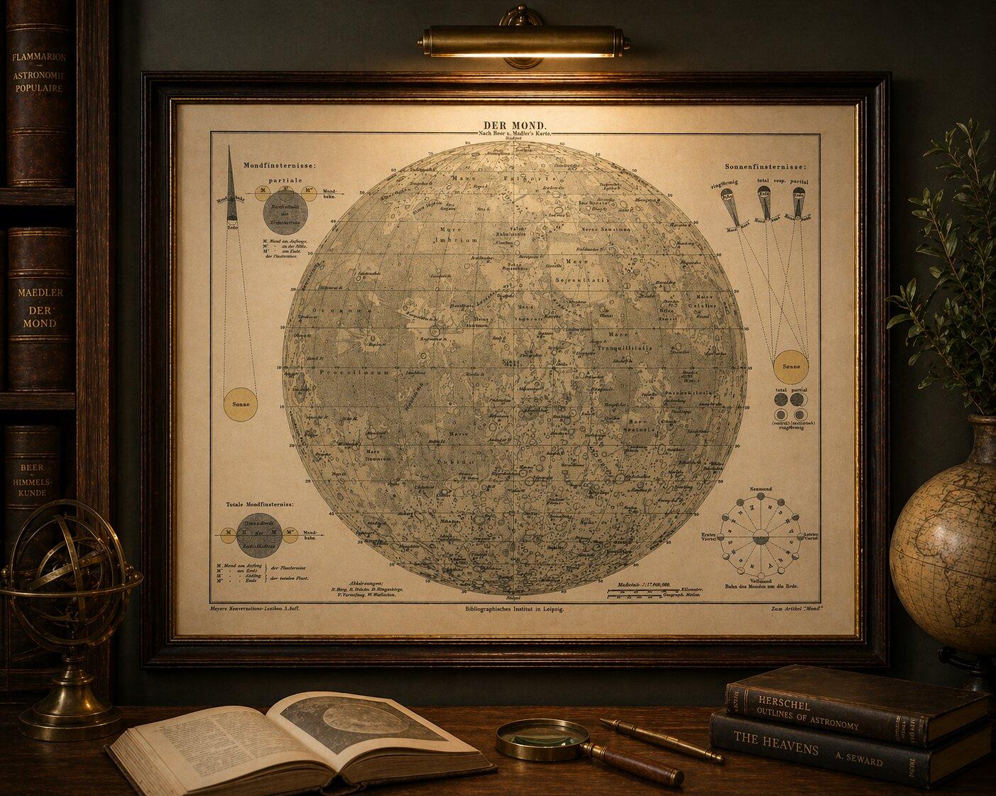 Antique Lunar Map “Der Mond”, German Scientific Chart Meyers Leipzig c ...