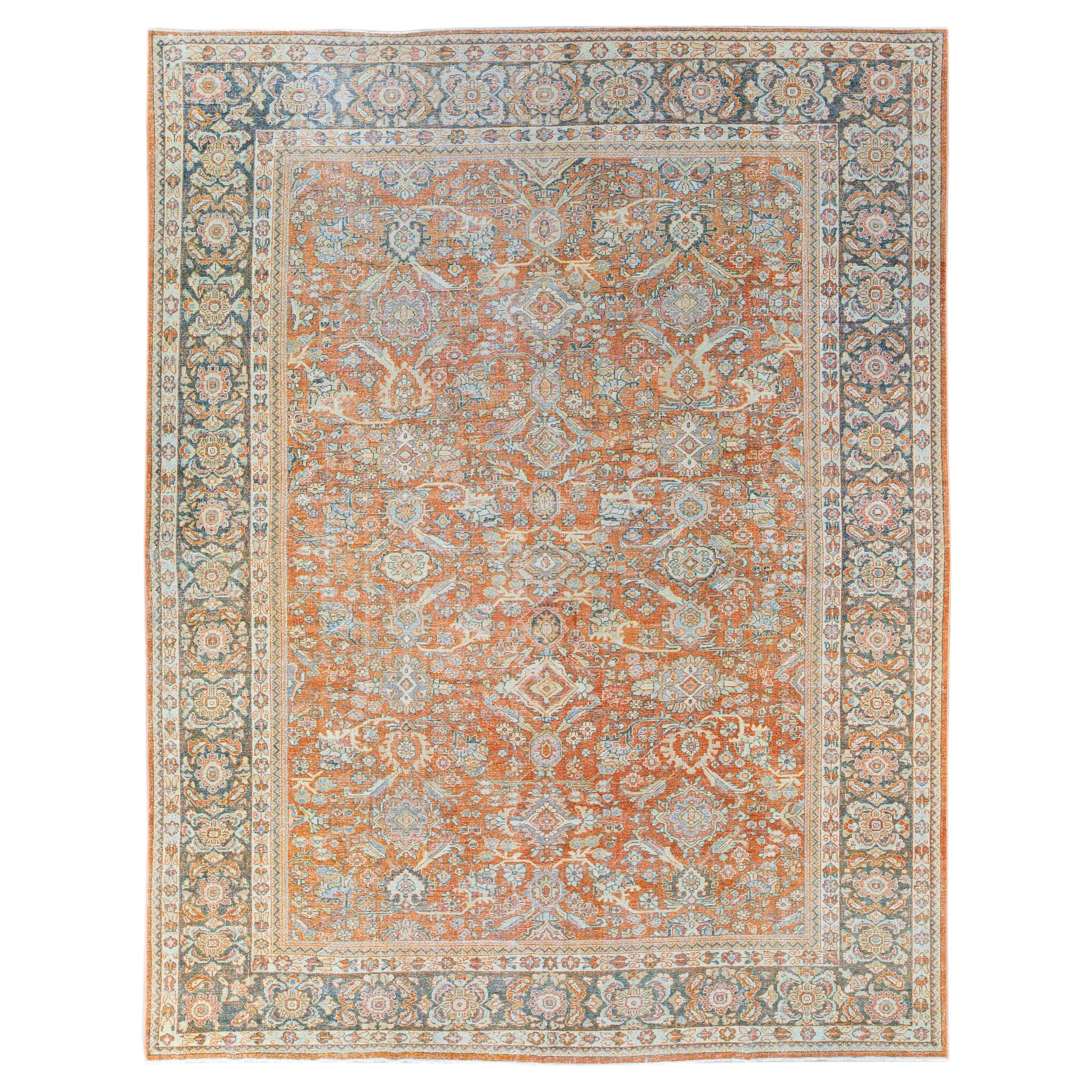 Antique Mahal Rug with Floral Pattern in Camel, Coral, Turquoise , Rust ...