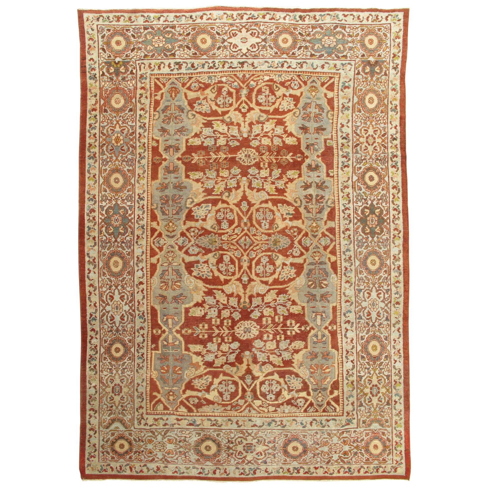 Antique Mahal Runner, Handmade Oriental Rug, Light Blue, Rust, All-Over ...