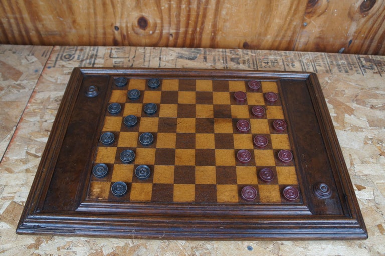Antique Mahogany Double Sided Draughts Checkers Chess Game Board For ...