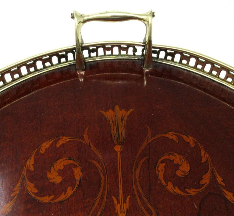 Antique Mahogany Inlaid Marquetry Twin Handle Brass Oval Serving Drinks ...