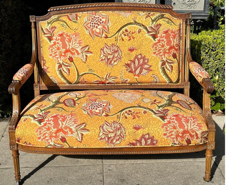 Antique Mahogany Louis XVI Sofa Settee W Schumacher Jacobean Fabric For ...