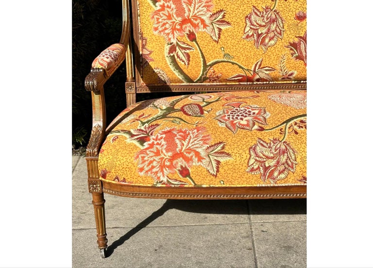 Antique Mahogany Louis XVI Sofa Settee W Schumacher Jacobean Fabric For ...