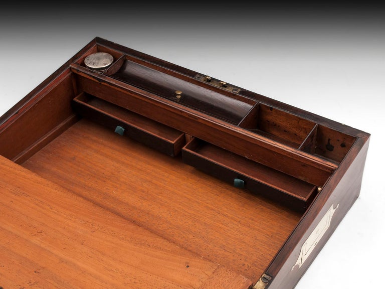 Antique Mahogany Writing Box Brass Leather Secret Compartment, 19th Century at 1stDibs