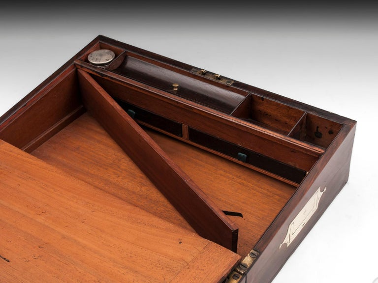 Antique Mahogany Writing Box Brass Leather Secret Compartment, 19th Century at 1stDibs