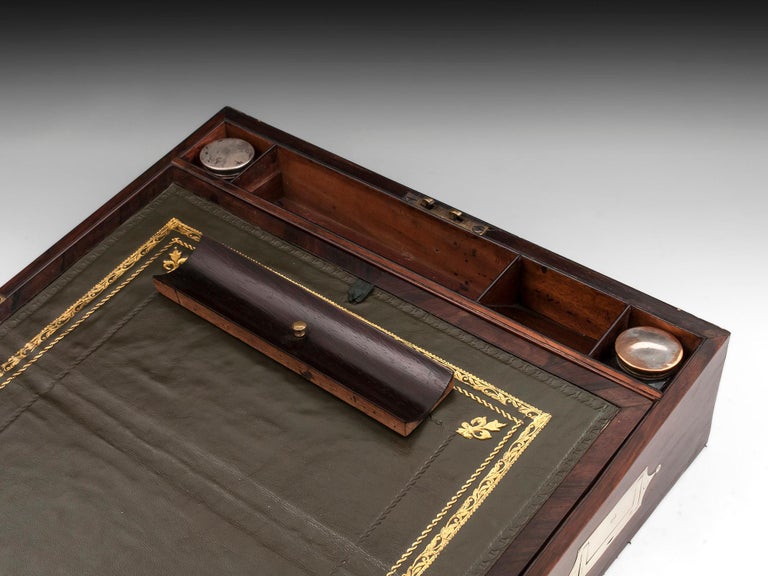 Antique Mahogany Writing Box Brass Leather Secret Compartment, 19th Century at 1stDibs