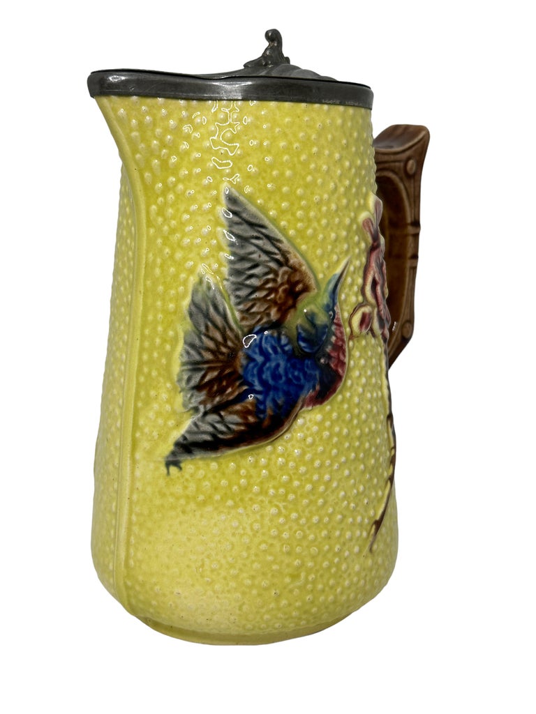 Antique Majolica Milk Pitcher with Pewter Lid, Bird Motif antique 1900s ...