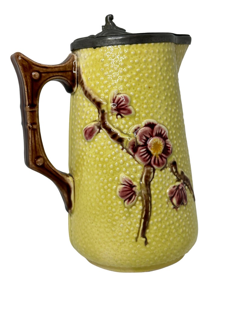 Antique Majolica Milk Pitcher with Pewter Lid, Bird Motif antique 1900s ...