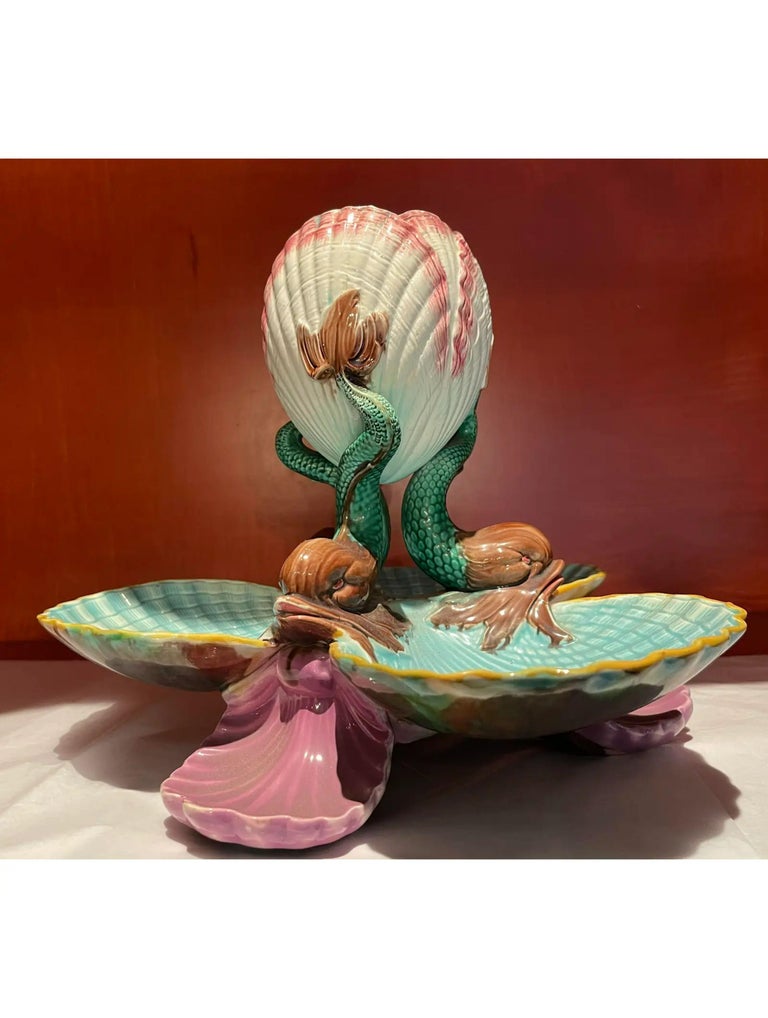 Antique Majolica Pottery Dolphin and Shell Centerpiece Bowl, 19th ...