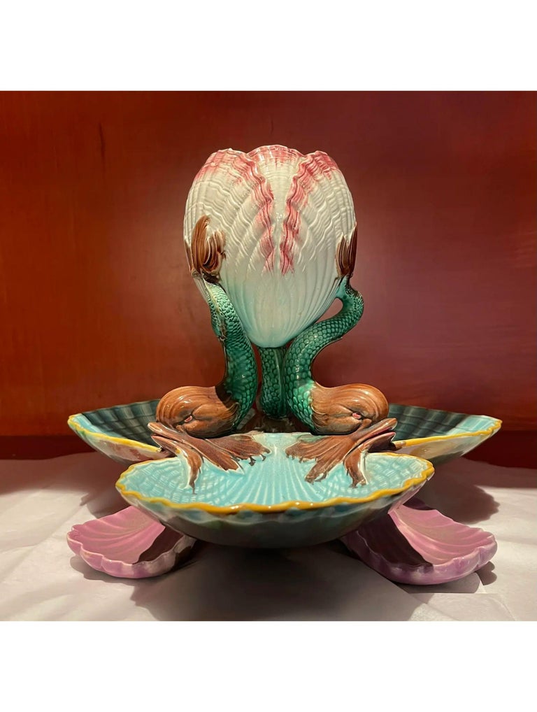 Antique Majolica Pottery Dolphin and Shell Centerpiece Bowl, 19th ...