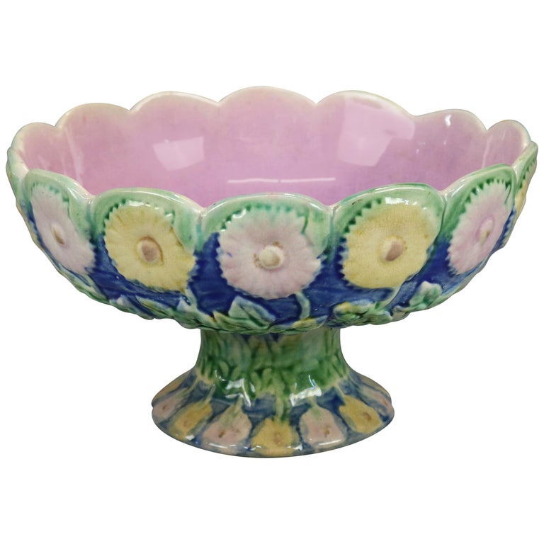 Antique Majolica Pottery Floral Compote, KLW, 20th Century at 1stDibs