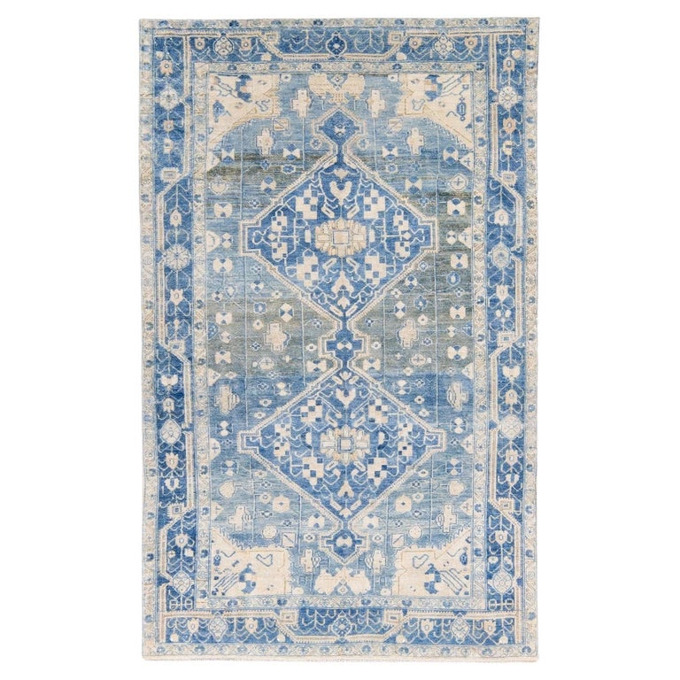 Antique Malayer Handmade Geometric Pattern Blue Scatter Wool Rug For ...