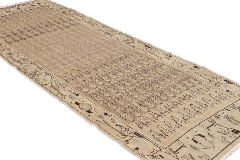 Antique Malayer Tan Handmade Floral Pattern Wool Runner For Sale at 1stDibs