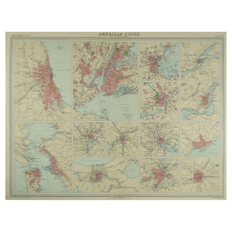 Large Vintage Map of American Cities, Vignette of New York City, circa ...