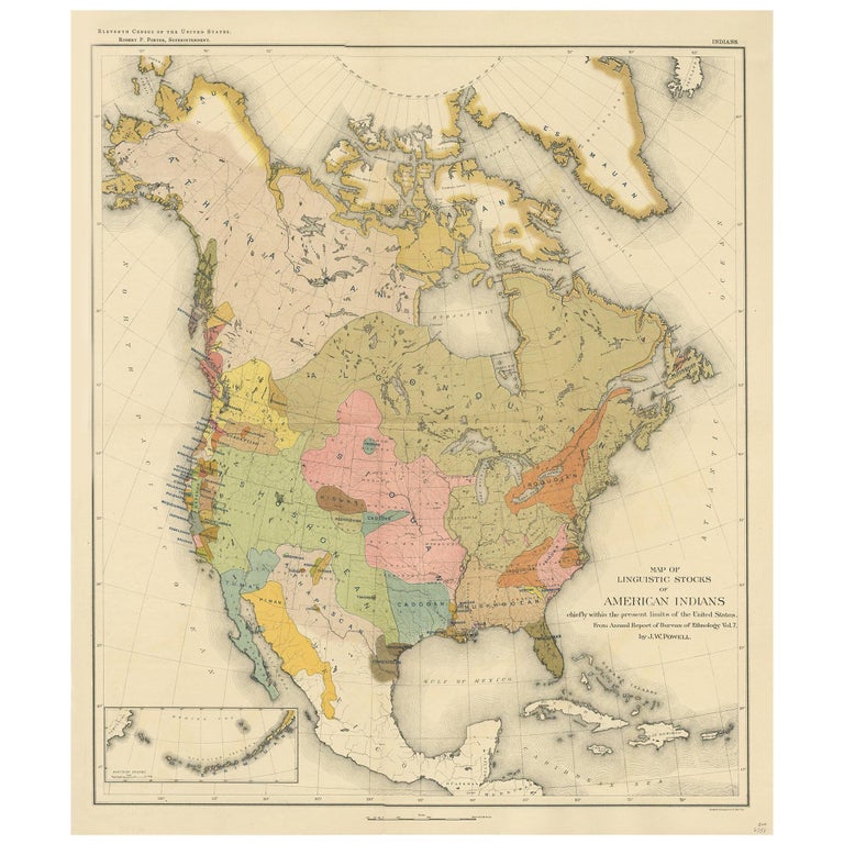 Antique Map of American Indians by J.W. Powell, 1890 at 1stDibs