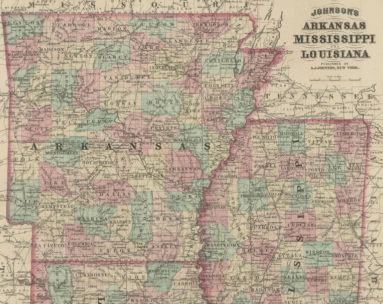 Antique Map of Arkansas, Mississippi and Louisiana by Johnson, 1872 For ...