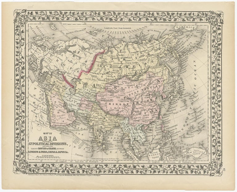 Antique Map of Asia Showing Political Divisions and Routes of Travel ...