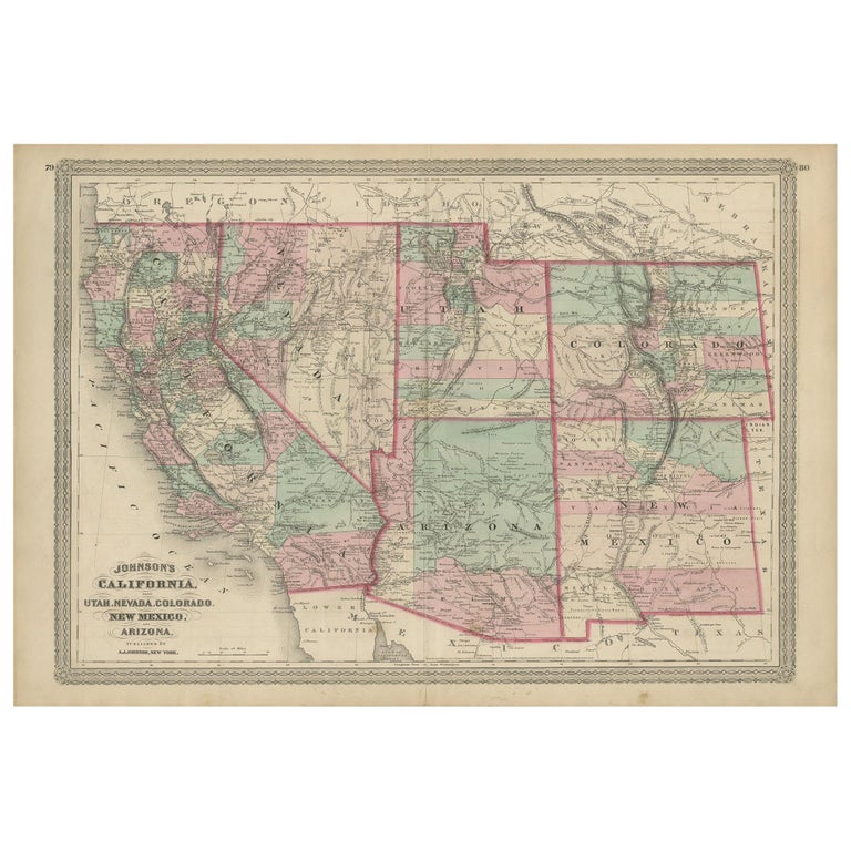 Antique Map of California, Utah, Nevada, Colorado, New Mexico and ...