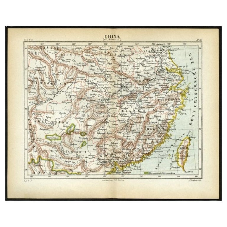 Antique Map of Central and Southern China by Kuyper, 1880 For Sale at ...