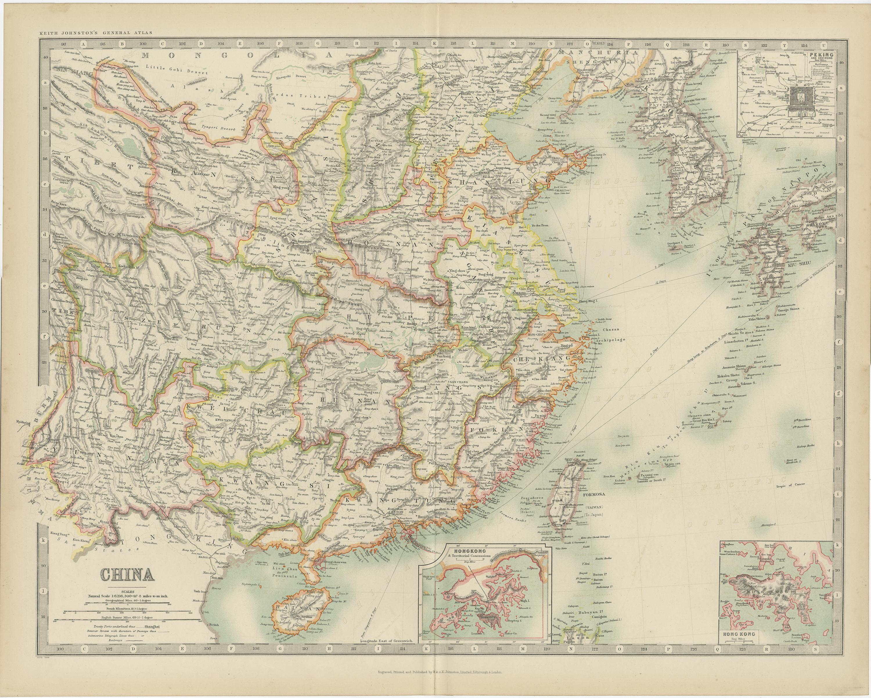 Antique Map of China by Johnston, '1909' at 1stDibs