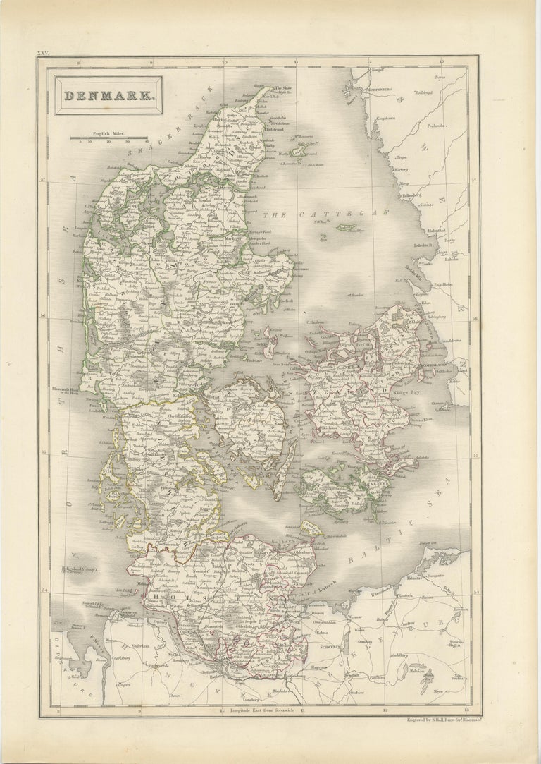 Antique Map of Denmark by Hall, circa 1820 For Sale at 1stDibs