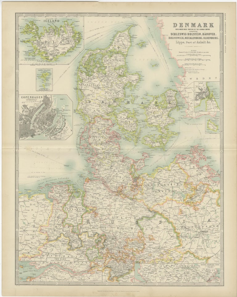 Antique Map of Denmark by Johnston '1909' For Sale at 1stDibs