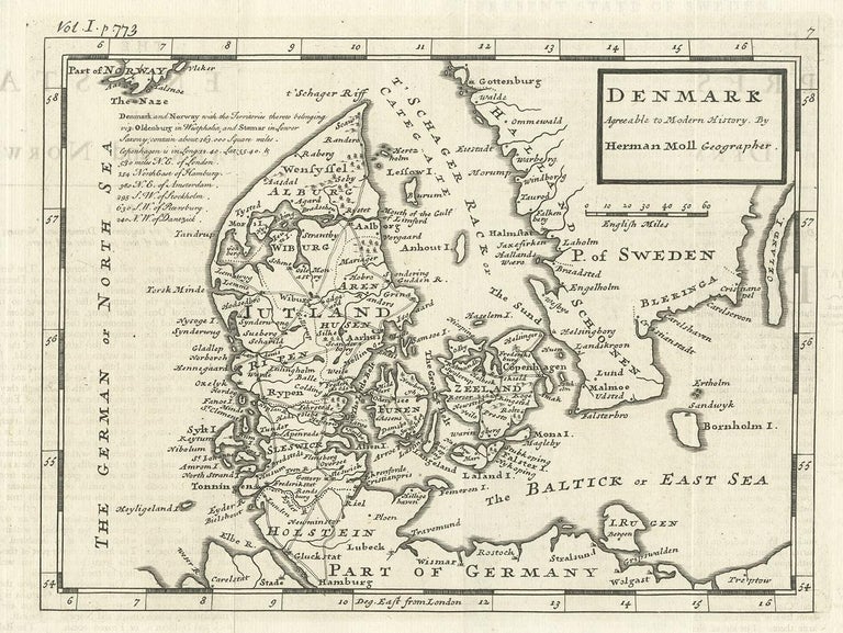 Antique Map of Denmark by Moll 'circa 1730' For Sale at 1stDibs