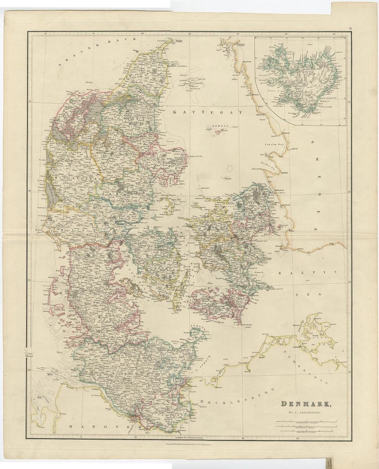 Antique Map of Denmark with an Inset Map of Iceland, 1832 For Sale at ...