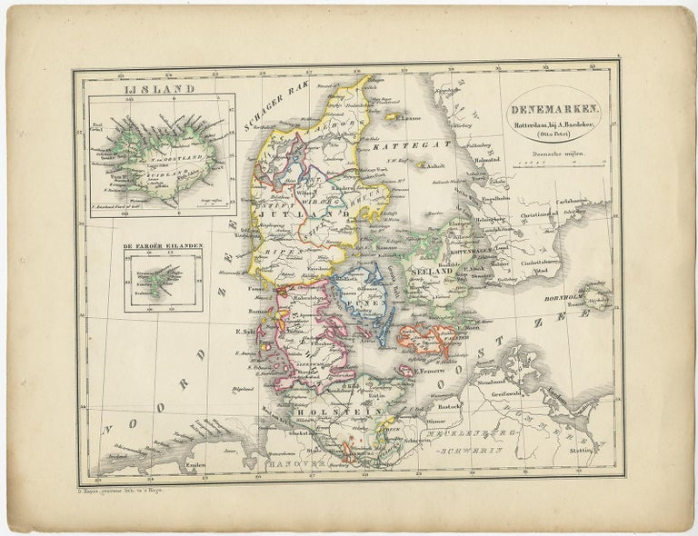 Antique Map of Denmark with An Inset of Iceland, 1852 For Sale at 1stDibs
