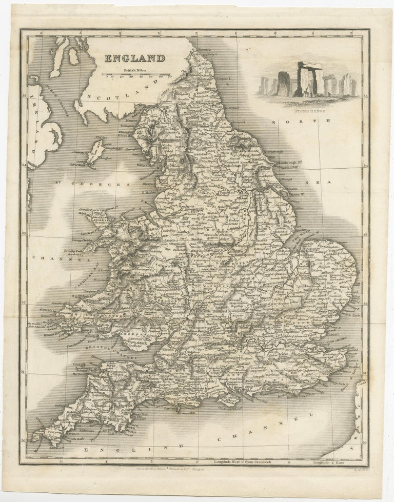 Antique Map of England with Vignette of Stonehenge For Sale at 1stDibs