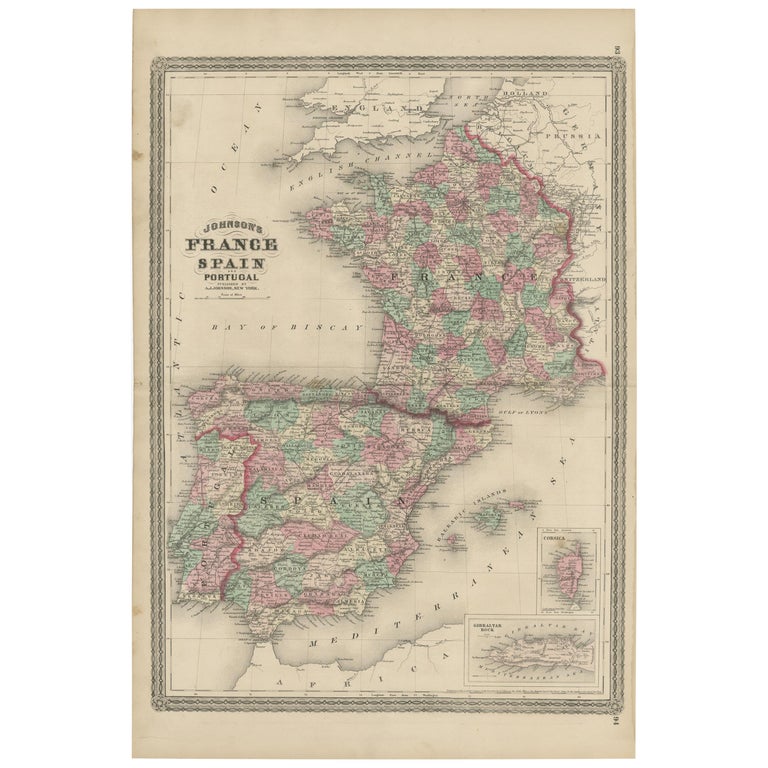 Antique Map of France, Spain and Portugal by Johnson, 1872 For Sale at ...