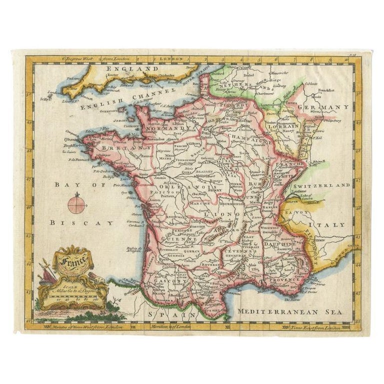 Antique Map of France with a Nice Cartouche of a Distance Scale, c.1756 ...