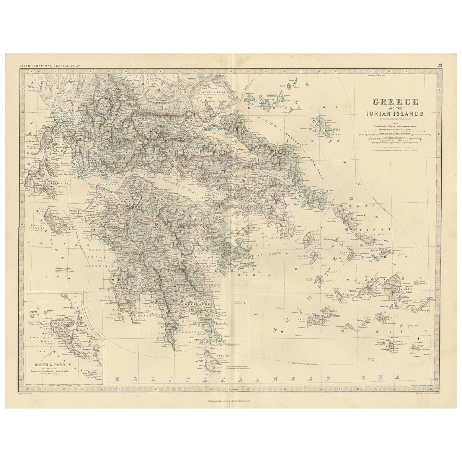 Antique Map of Greece by A.K. Johnston, 1865 at 1stDibs