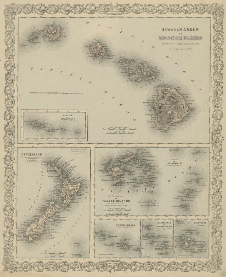 Antique Map of Hawaii, New Zealand, Fiji and Surrounding Islands For ...