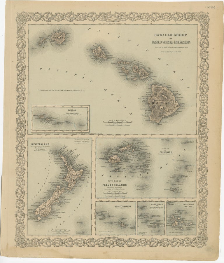 Antique Map of Hawaii, New Zealand, Fiji and Surrounding Islands For ...