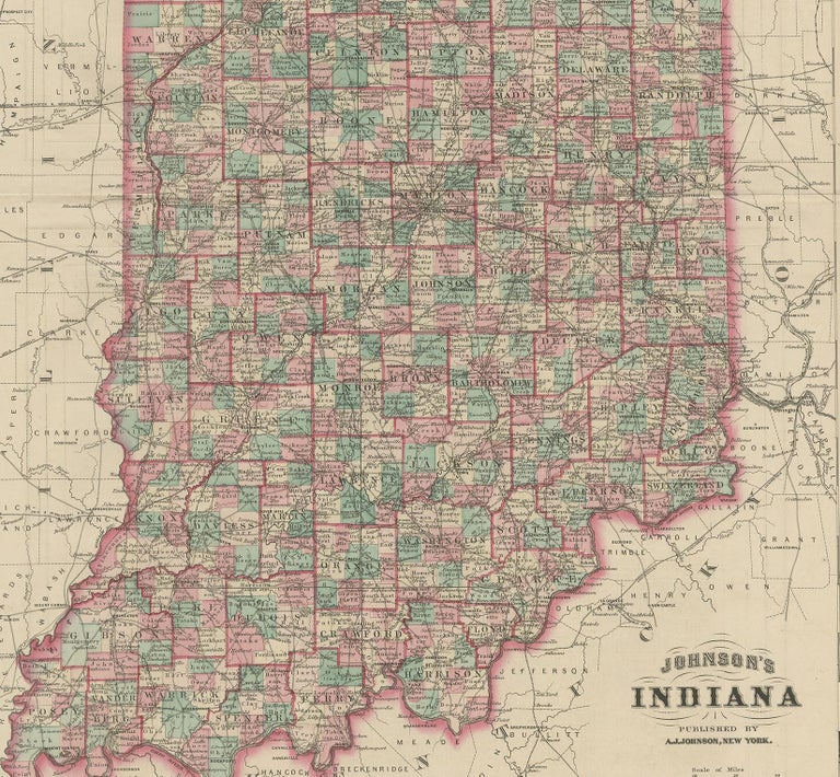Antique Map of Indiana by Johnson, 1872 For Sale at 1stDibs