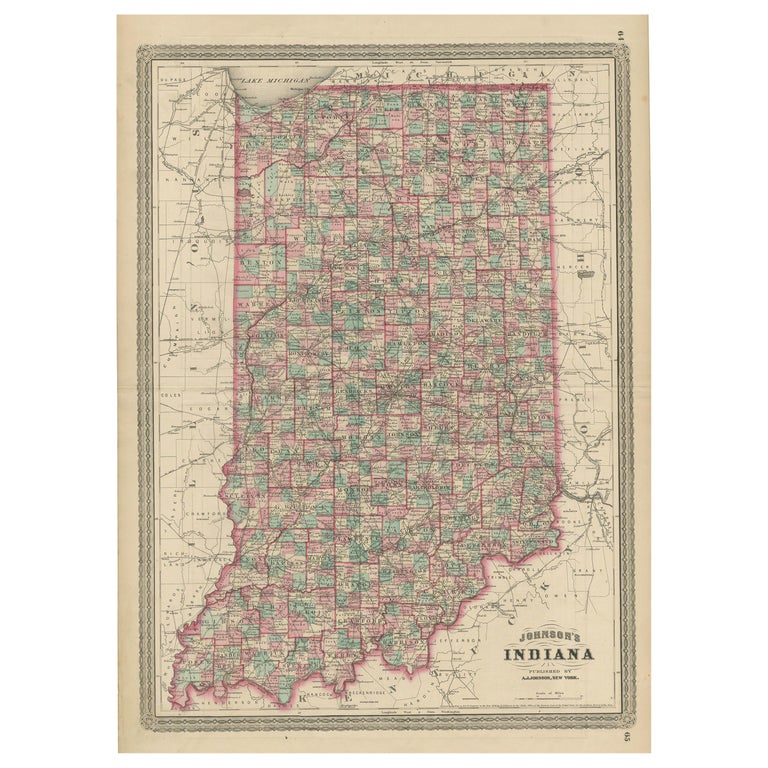 Antique Map of Indiana by Johnson, 1872 For Sale at 1stDibs