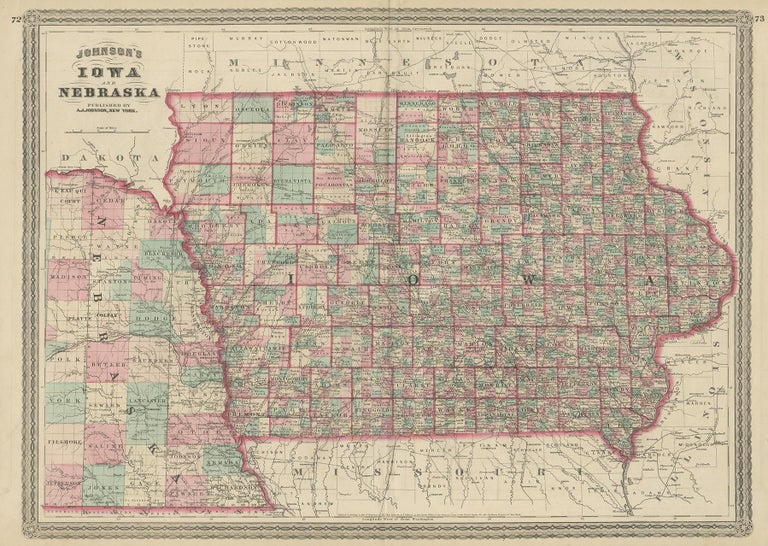 Antique Map of Iowa and Nebraska by Johnson, '1872' For Sale at 1stDibs