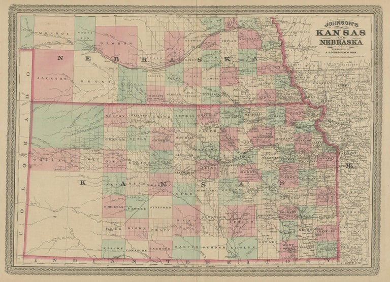 Antique Map of Kansas and Nebraska by Johnson, '1872' at 1stDibs