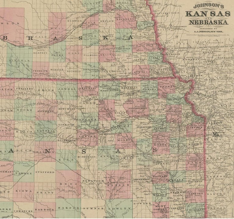Antique Map of Kansas and Nebraska by Johnson, '1872' at 1stDibs