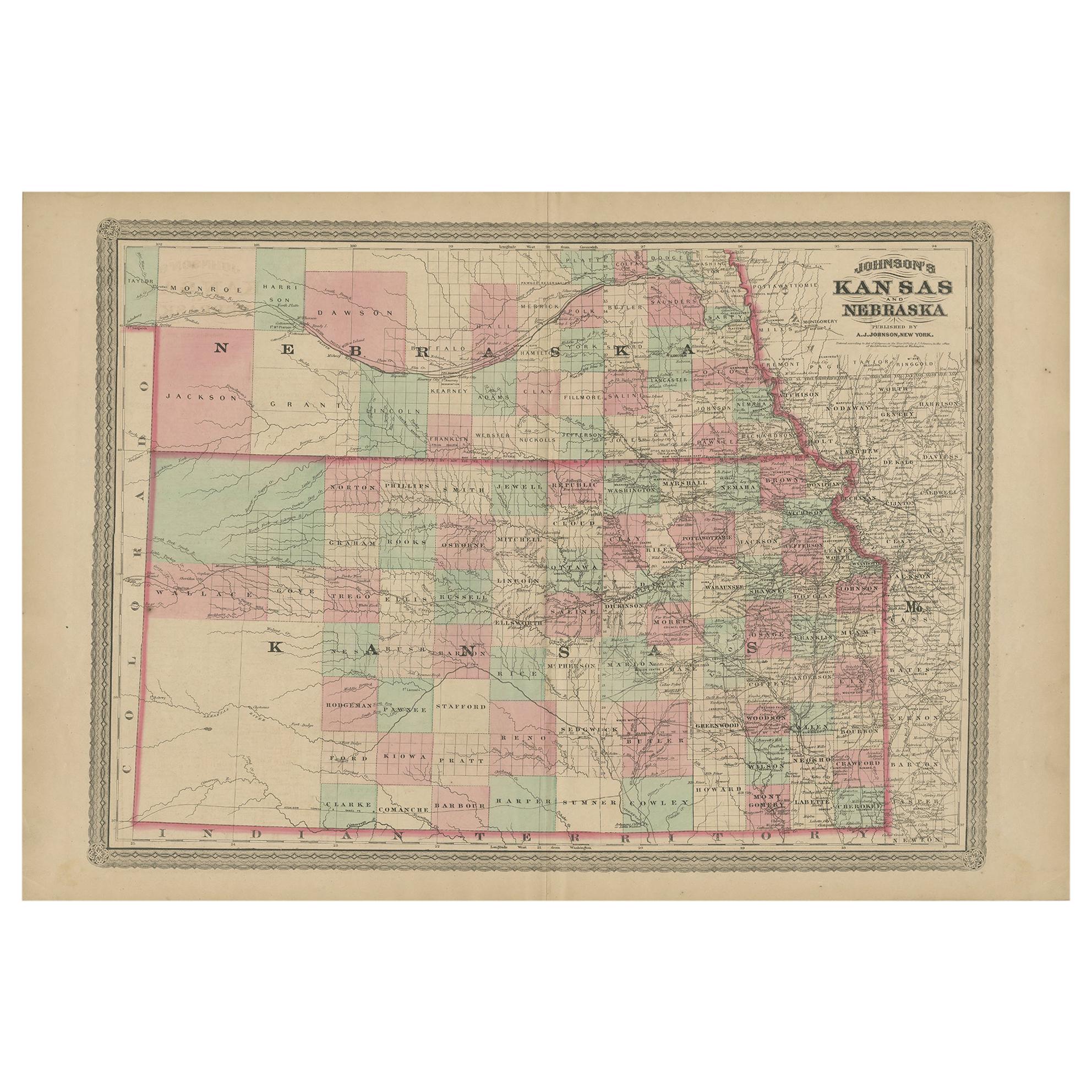 Antique Map of Kansas and Nebraska by Johnson, '1872' at 1stDibs