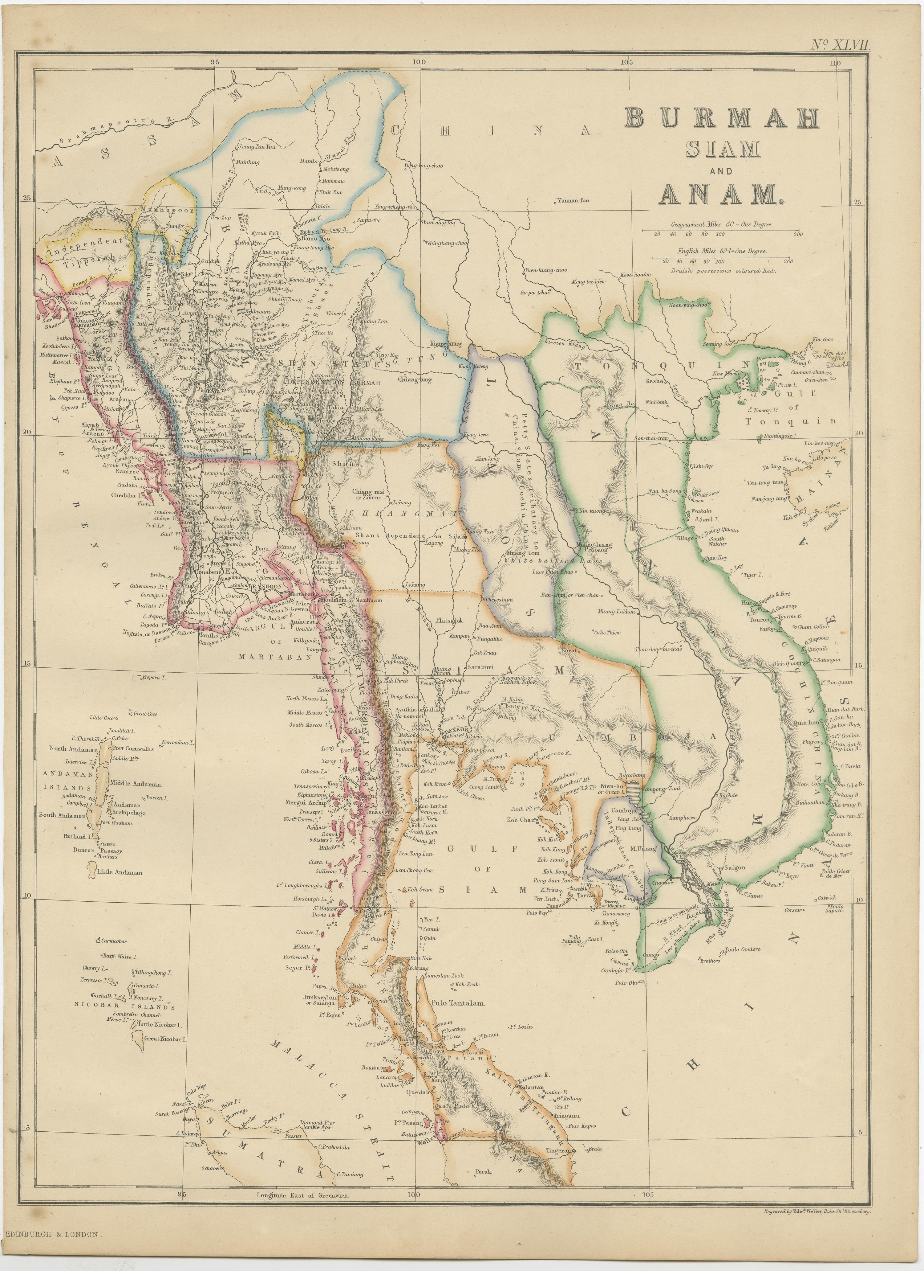 Antique Map of Myanmar, Thailand and Annam by W. G. Blackie, 1859 at ...