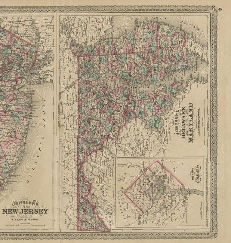 Antique Map of New Jersey, Delaware and Maryland by Johnson, 1872 For ...