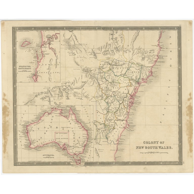 Antique Map of New South Wales with Inset Maps of Australia and Swan ...