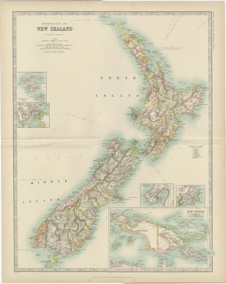 Antique Map of New Zealand by Johnston '1909' For Sale at 1stDibs