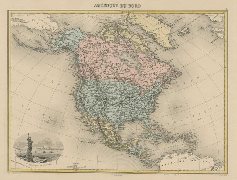 Antique Map of North America with Vignette of the Statue of Liberty ...