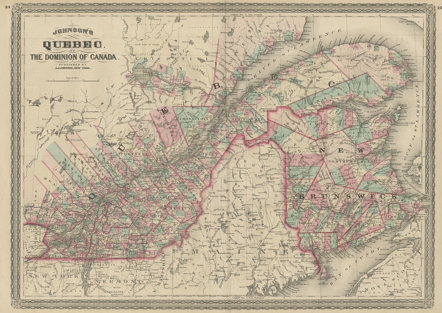 Antique Map of Quebec, Canada by Johnson, 1872 For Sale at 1stDibs