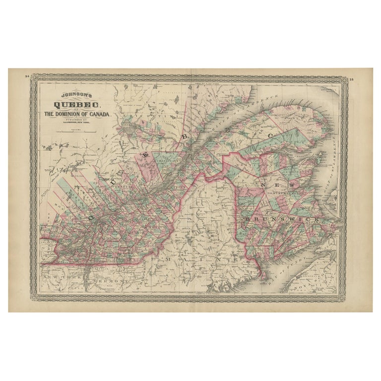 Antique Map of Quebec by Johnson, 1872 For Sale at 1stDibs